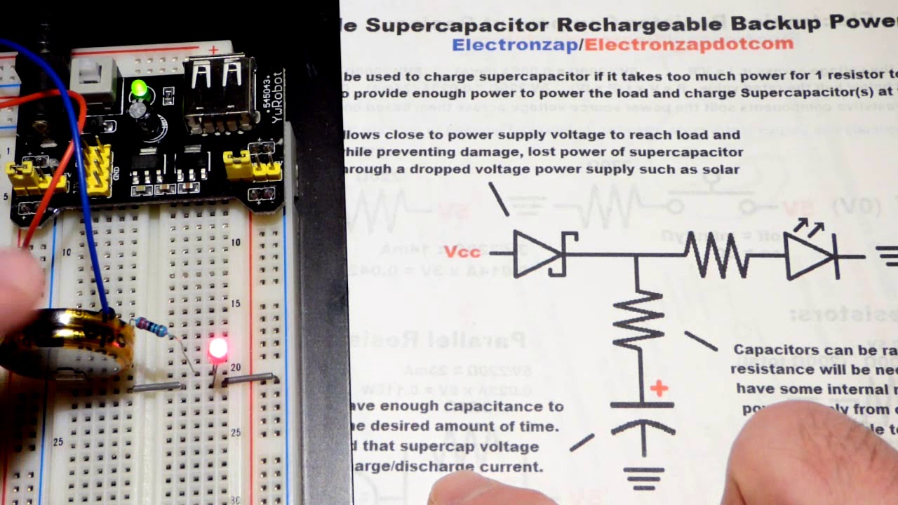 Small scale supercapacitor backup power circuit for a single LED - YouTube