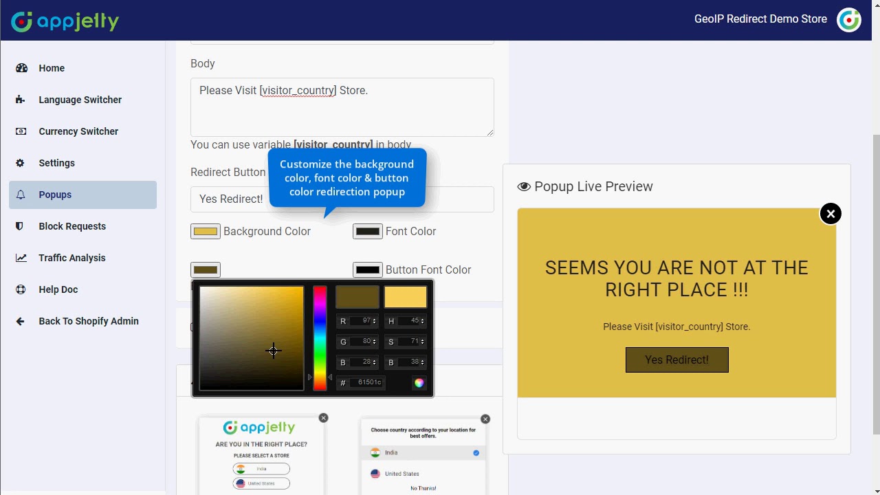 Configure and style your pop up message in the GeoIP redirect - YouTube