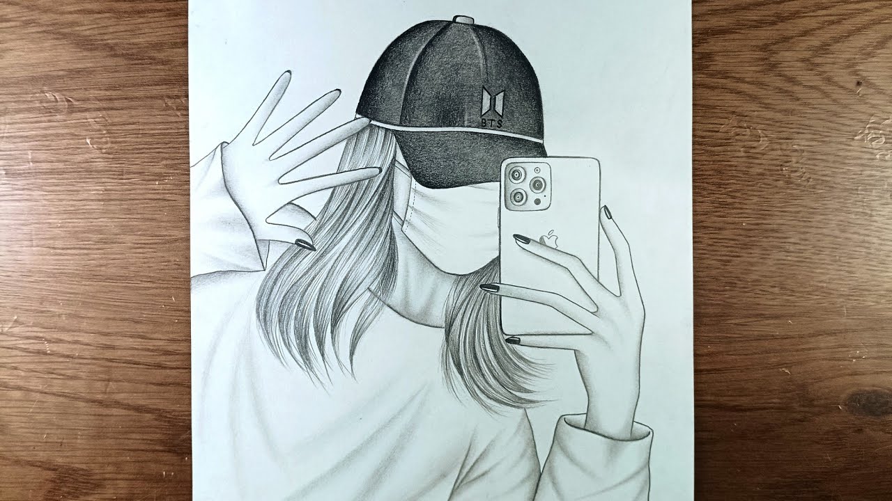How draw A girl taking a selfie with wearing a mask || Pencil drawing ...