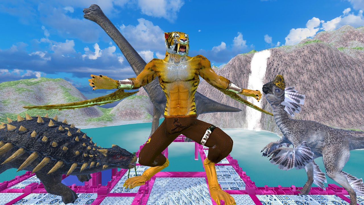 Dinosaurs vs Saber Tooth Tiger Speed Race Zigzag Course Animal Revolt ...