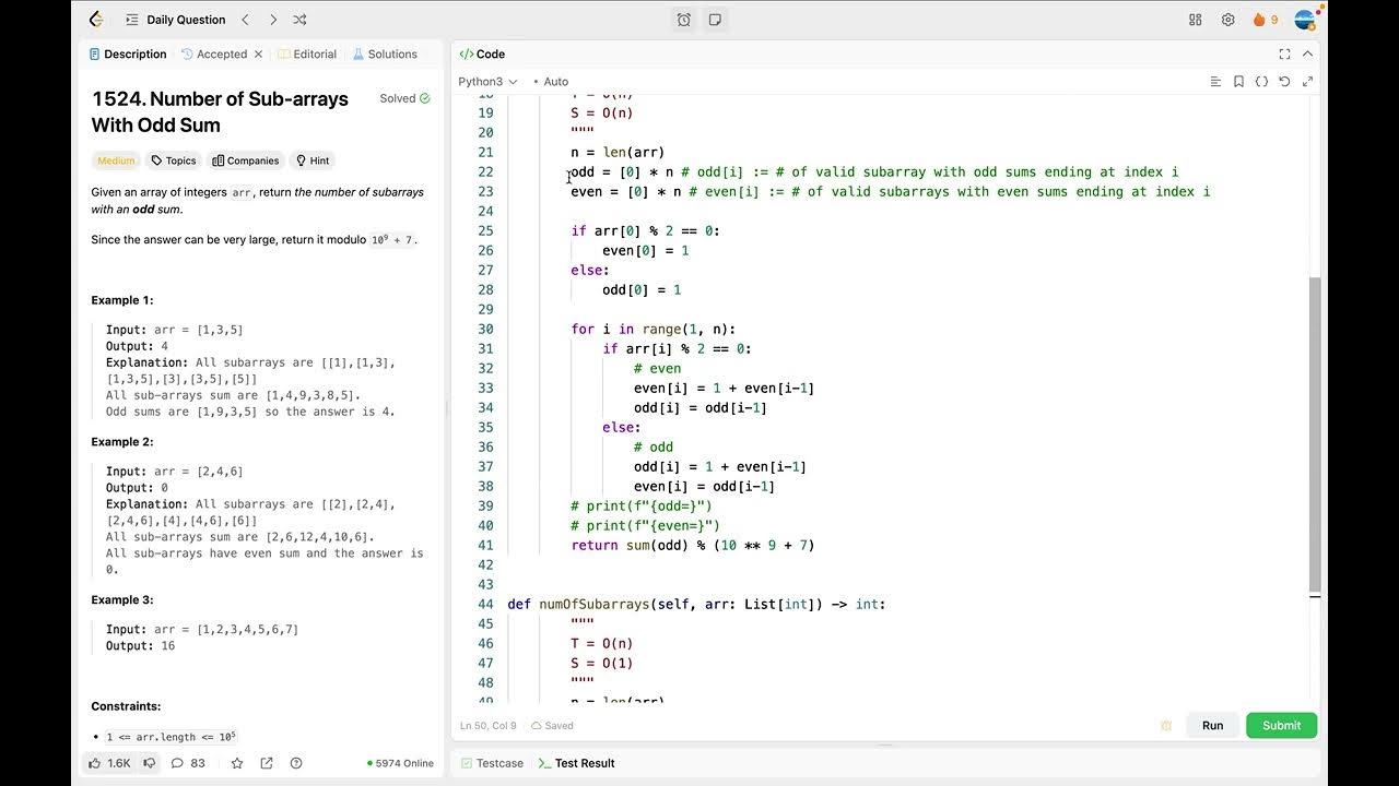 leetcode 1524 Number of Sub arrays With Odd Sum | DP - YouTube
