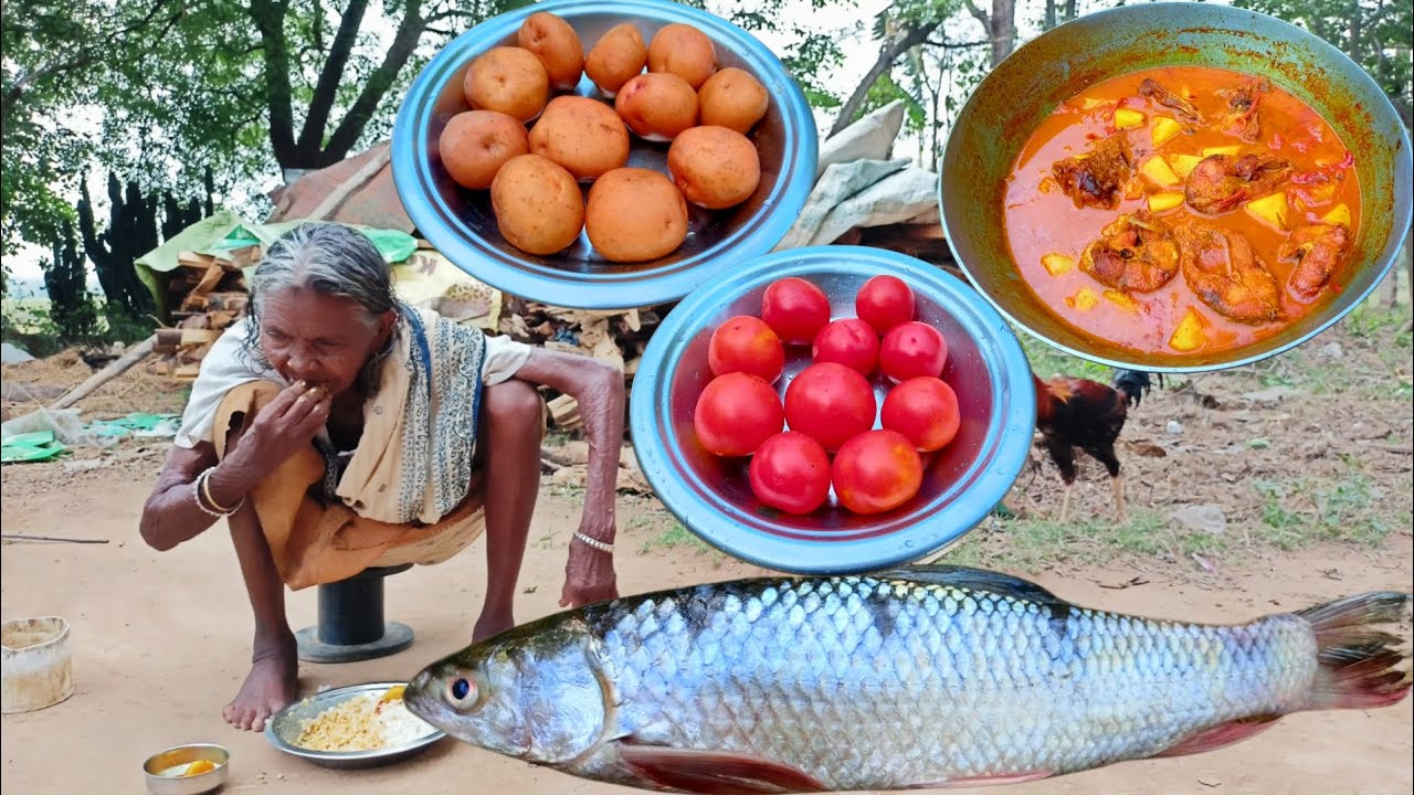 80 years old widow grandma eating FISH curry with RED POTATO & TOMATO ...