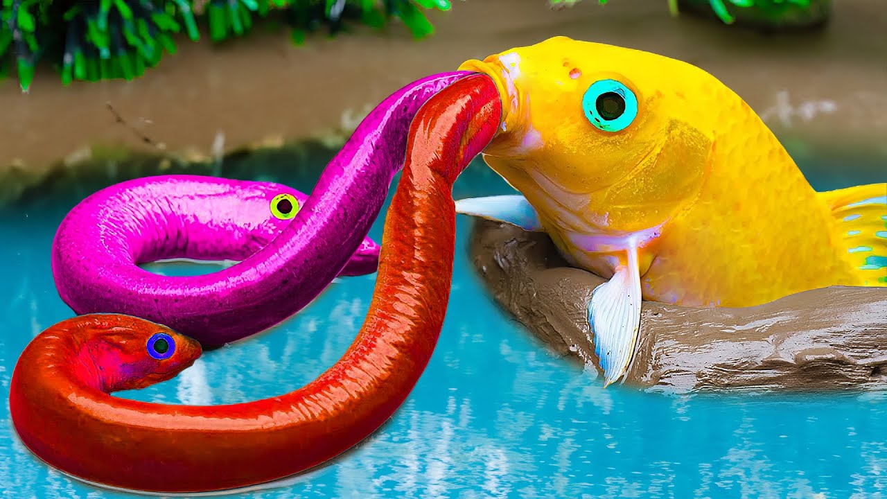 New funny fish video💕Rainbow carp family playing in the zoo, hunting in ...