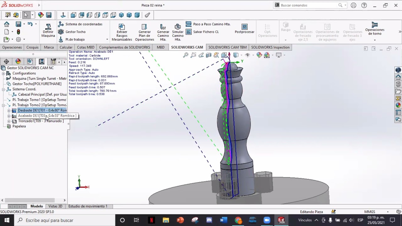 SolidWorks cam torno: modo automático, código g y simulación - YouTube