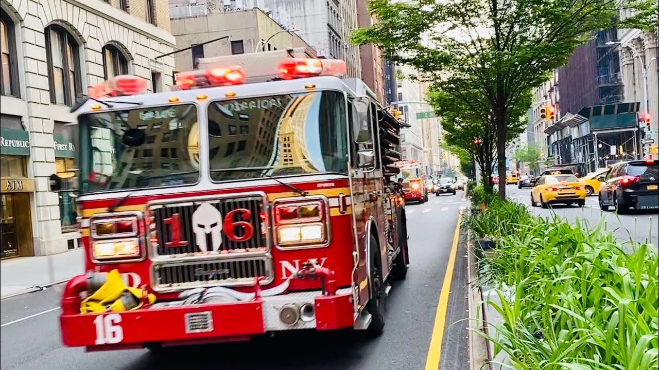 FDNY ENGINE 16 & FDNY TOWER LADDER 7 RESPONDING ON PARK AVENUE SOUTH IN ...