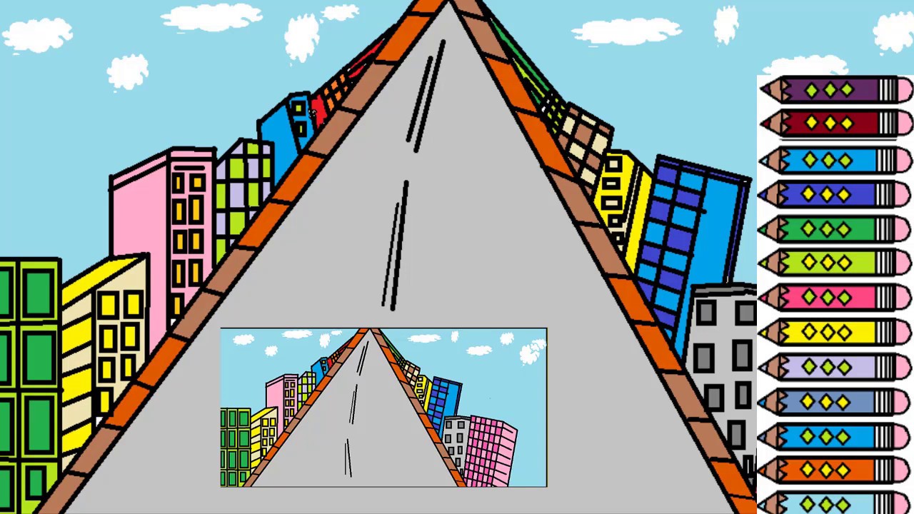 how to draw a road with buildings, city street drawing and color. Easy ...