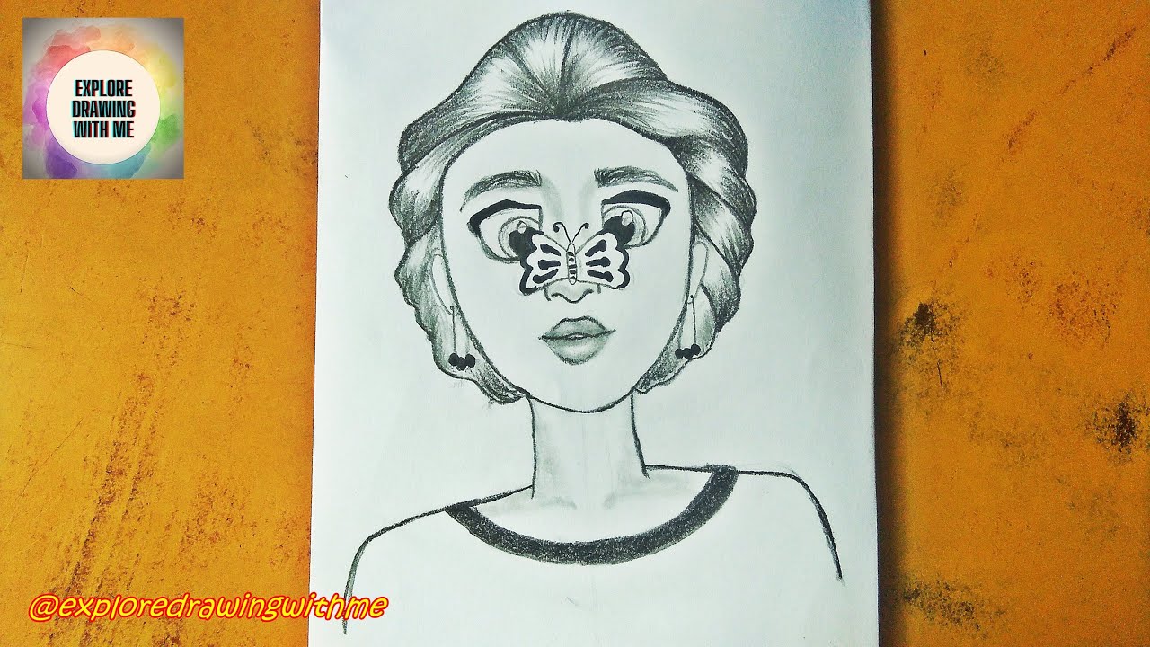 how to draw a girl with a butterfly on her nose || how to draw a girl ...