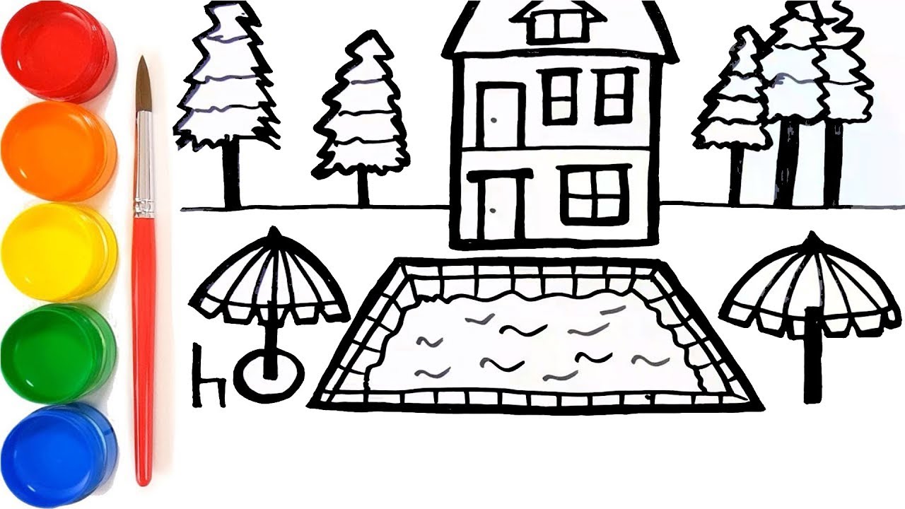 House and pool drawing for kids, toddler - how to draw pool and house ...