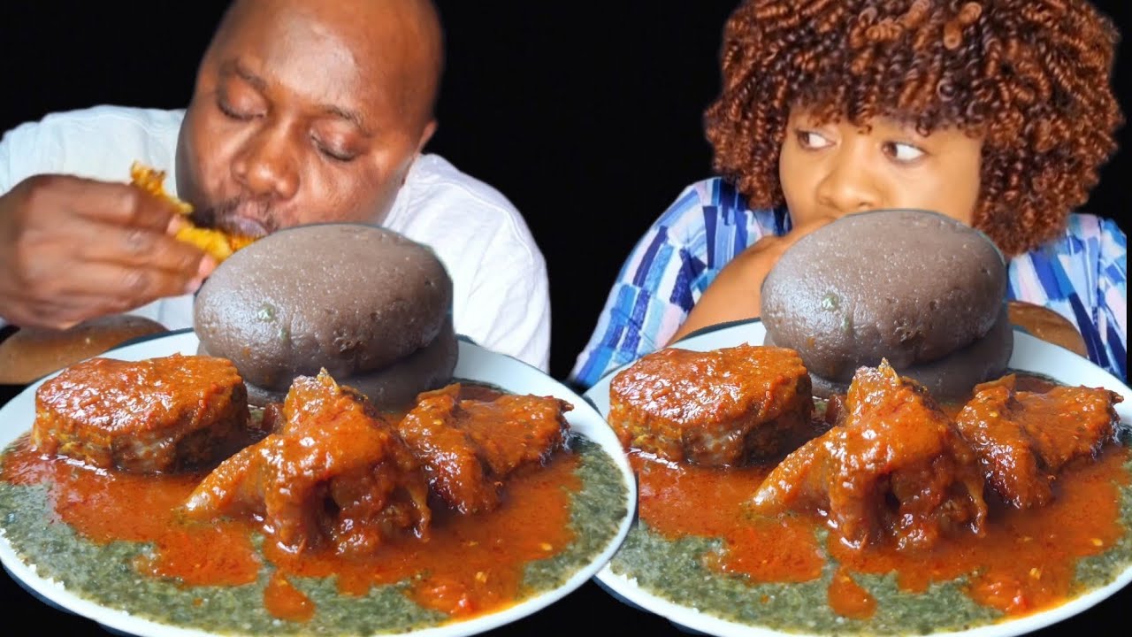 Asmr mukbang ewedu stew and brown fufu African food sound eating - YouTube