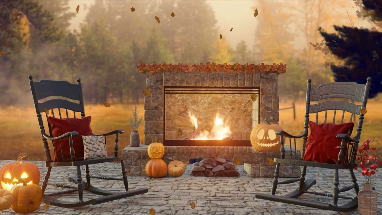 Fall Fireplace Ambience with Crackling Fire Sounds, Autumn Leaves and ...