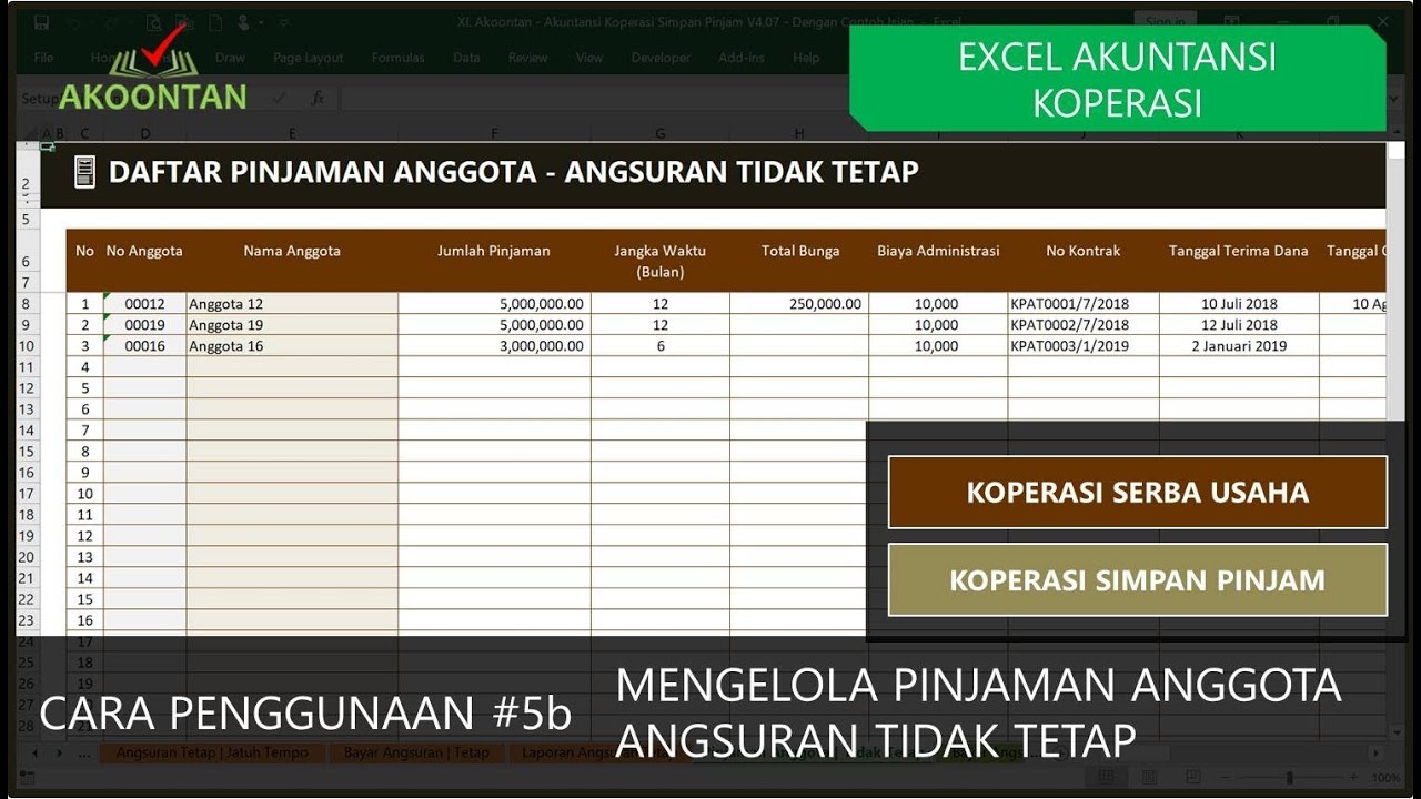 Excel Akuntansi Koperasi #5 : Data Pinjaman Angsuran Tidak Tetap - YouTube