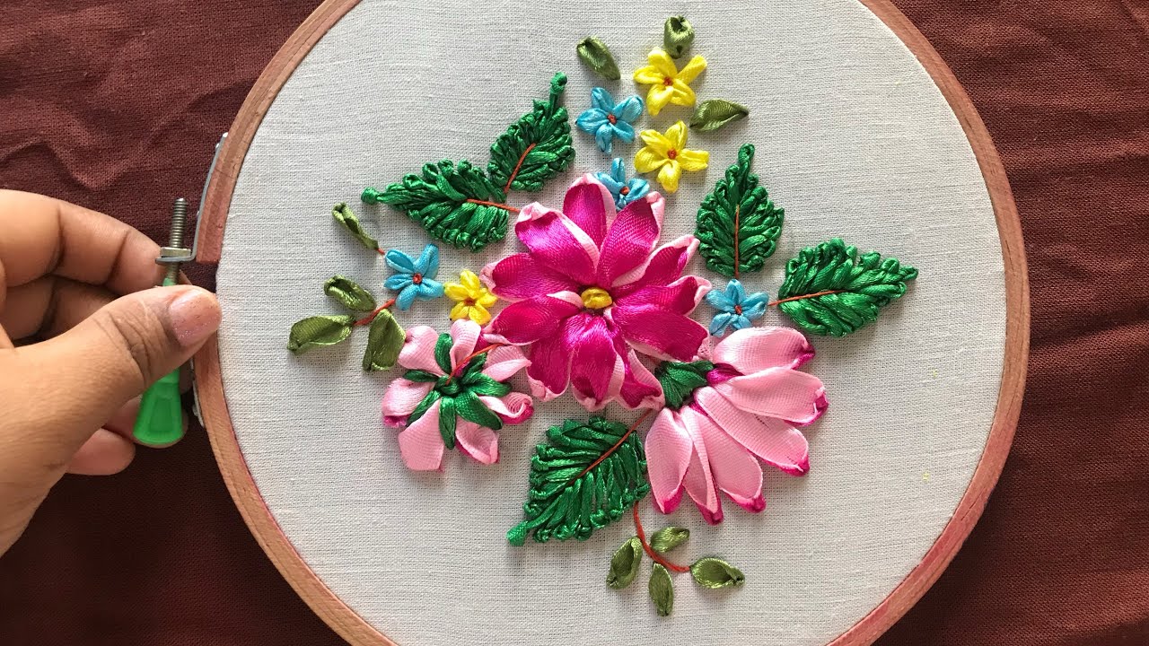 Beautiful flower hand embroidery using double ribbons | ribbon ...