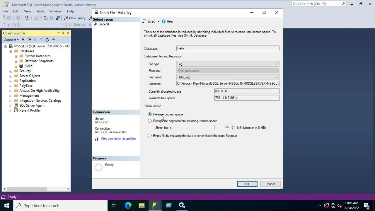 Shrinking log file on sql server using SSMS in simple way - YouTube