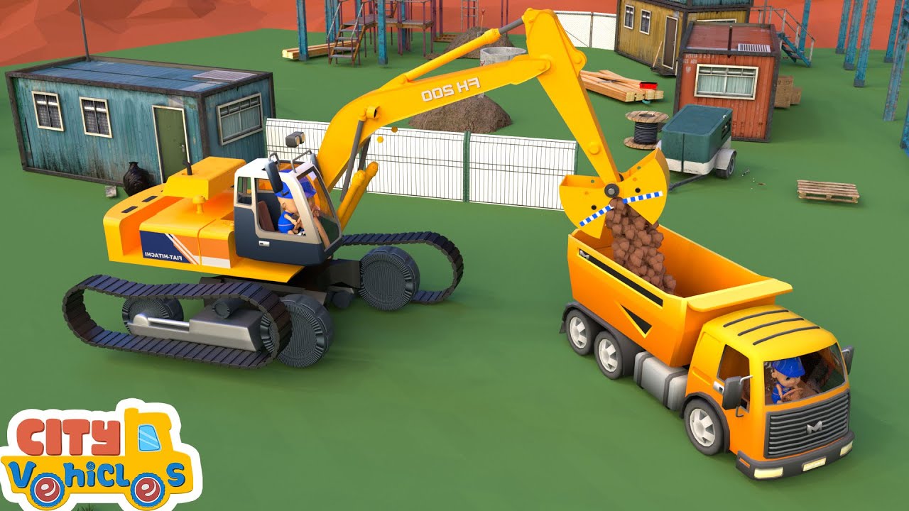 Construction vehicles build lake-bulldozer, excavator and dump truck ...