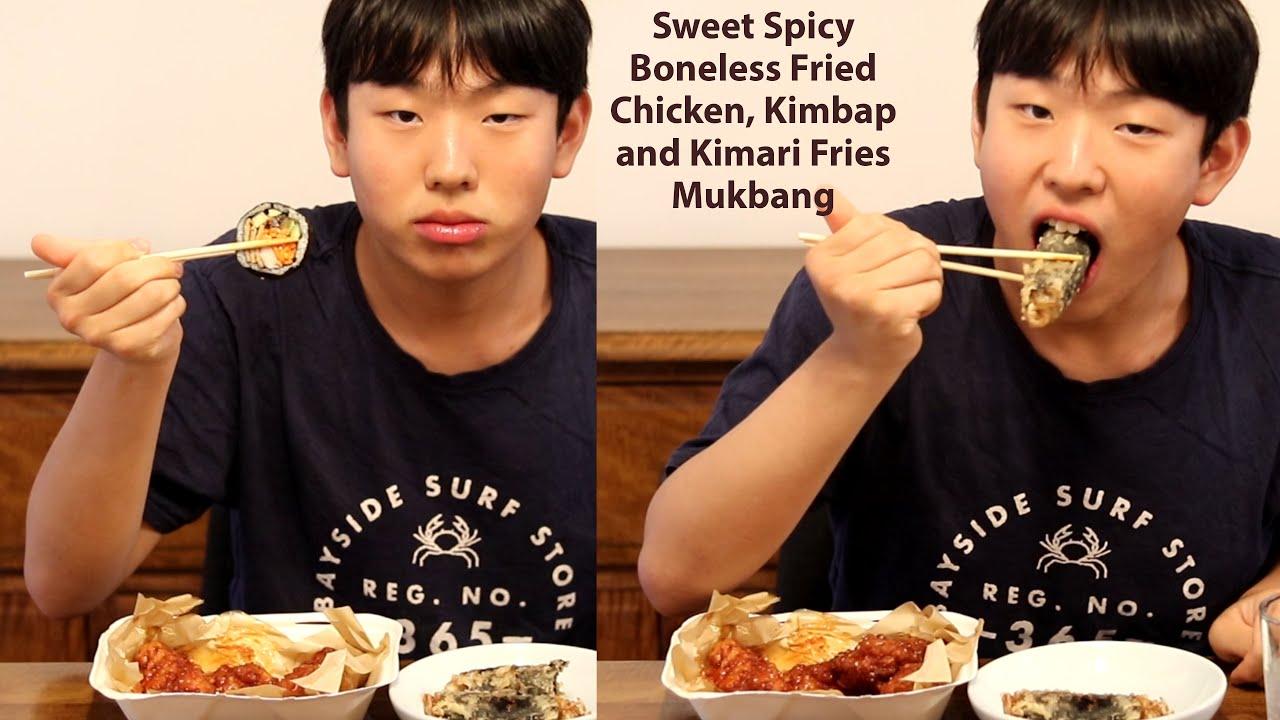 Sweet Spicy Boneless Chicken, Gimbap, Gimmari Fries Mukbang! - YouTube