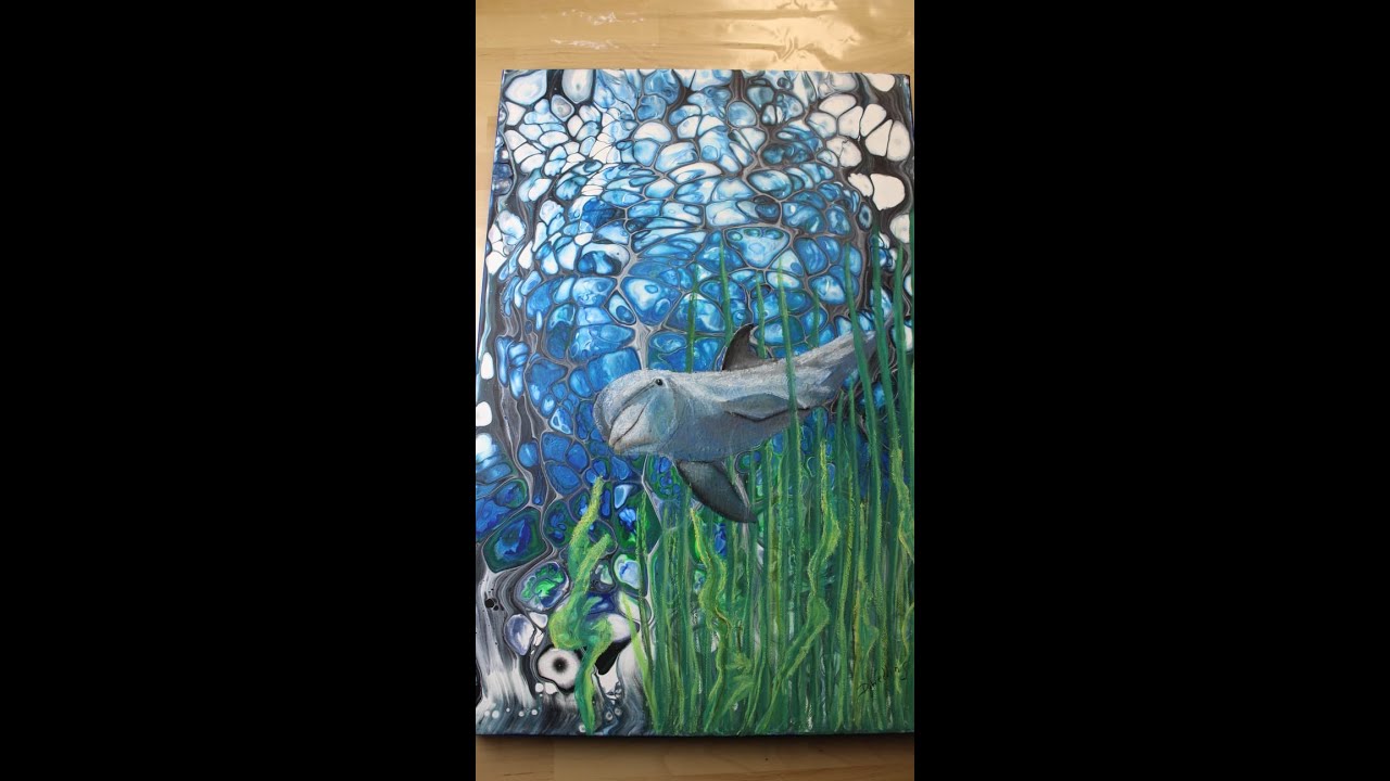 Pastellmalerei auf Pouringbild / Delfin / Unterwasser / Pastell / Malen ...