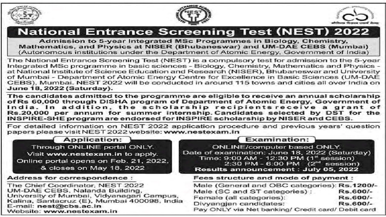 National Entrance Screening Test (NEST)-2022 - YouTube
