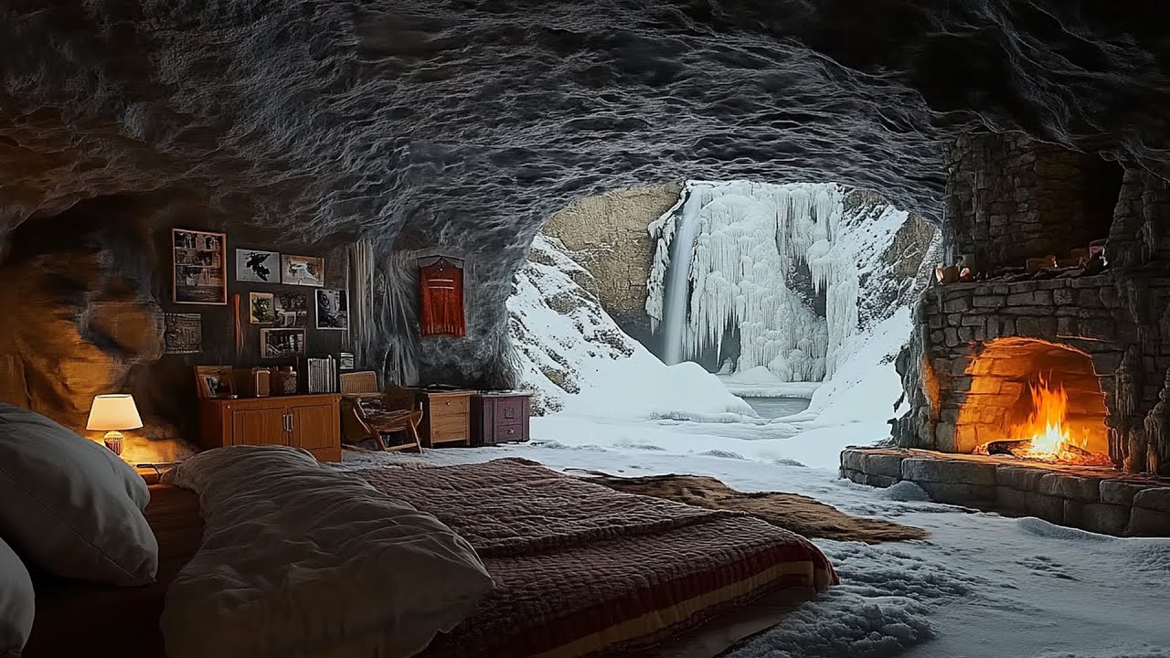 Cozy Winter Cave With Fireplace & Snowstorm Sounds Relaxing Ambiance ...