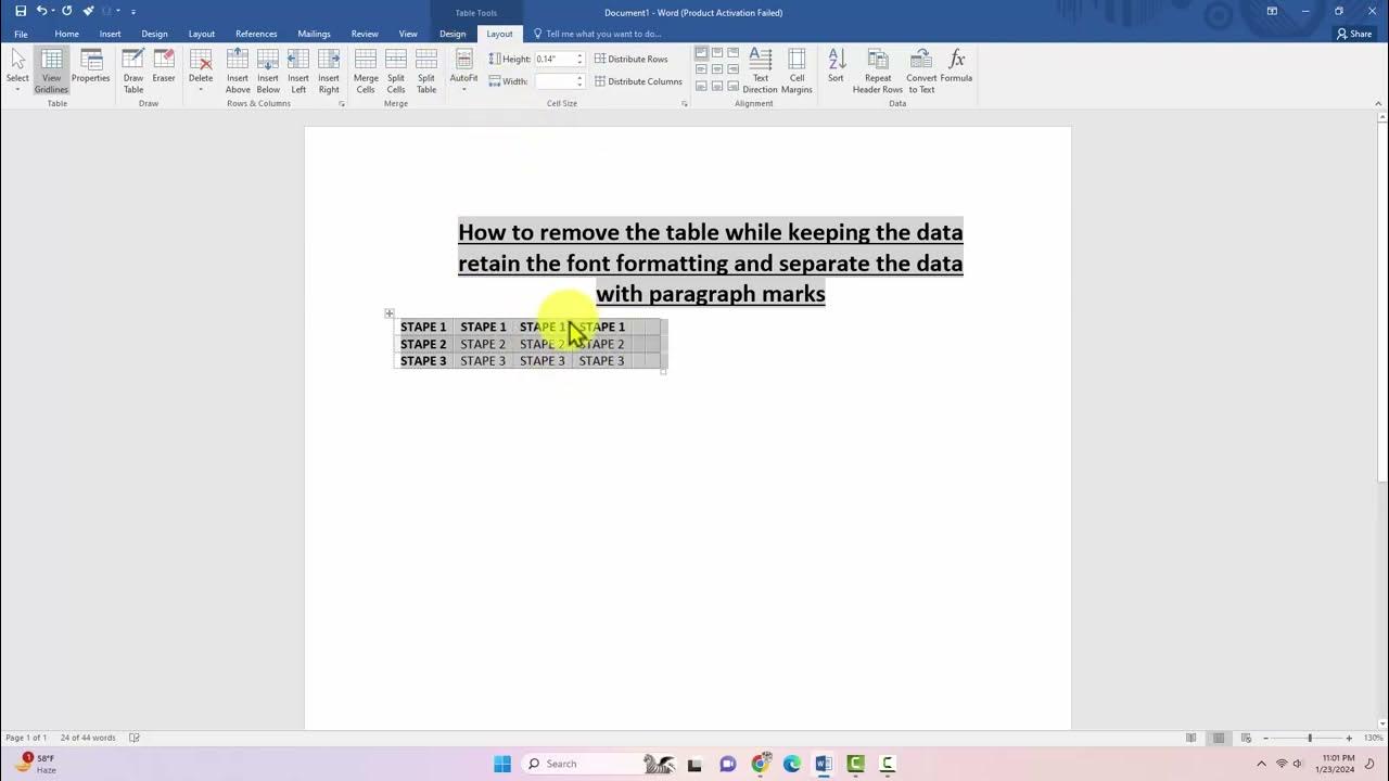How to remove the table data retain the font formatting and separate ...