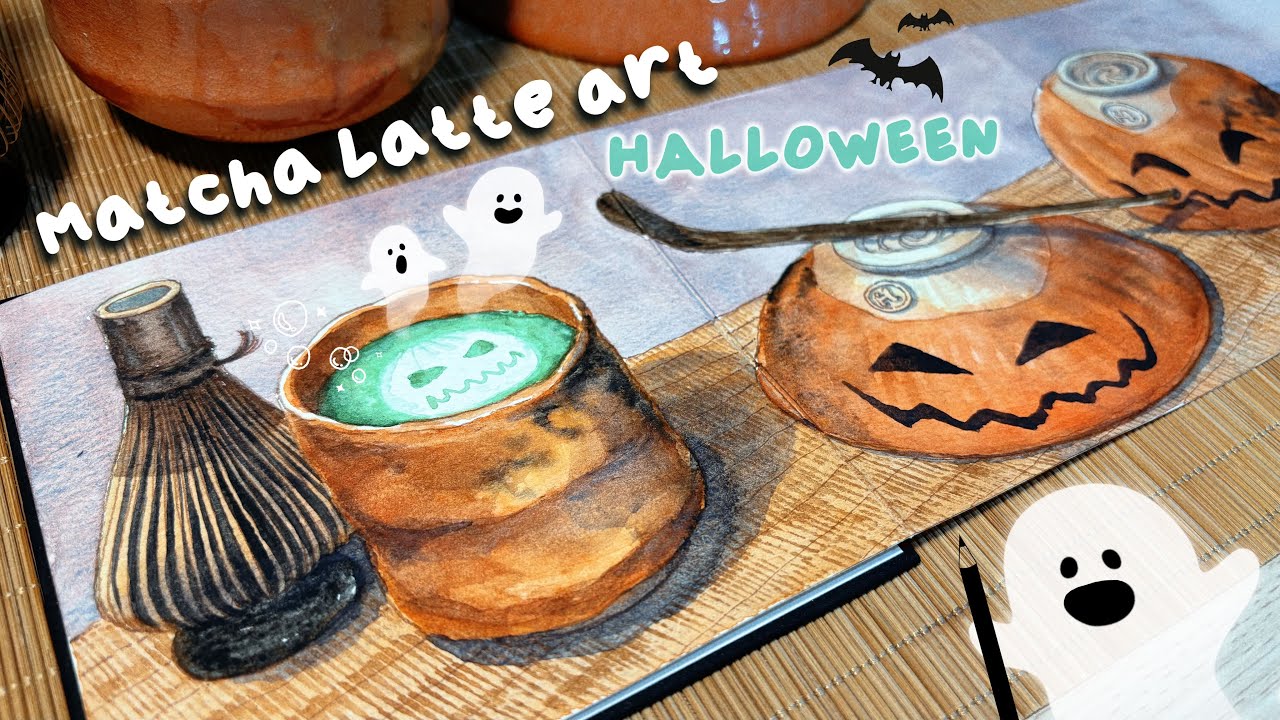 Making a Matcha Latte and draw with me #2 - Halloween pumpkin art 🎃🍵 ...