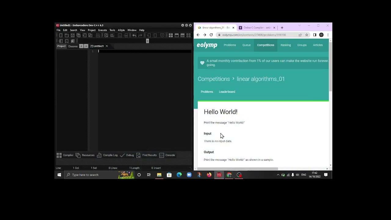 "Hello world!" in C programing language. #Eolymp problem 1024. - YouTube