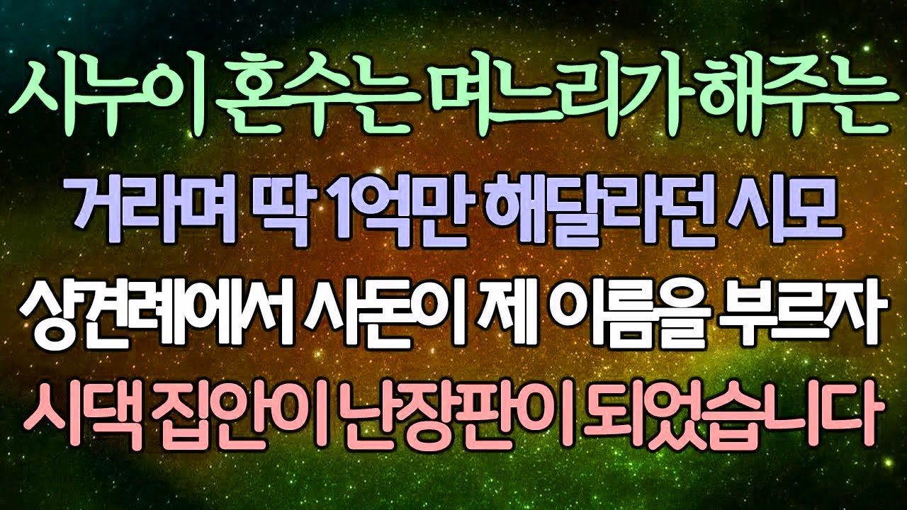반전 사연 시누이 혼수는 며느리가 해주는 거라며 딱 1억만 해달라던 시모 상견례에서 사돈이 제 이름을 부르자 시댁 집안이 난장판이 되었습니다 사이다사연 라디오드라마