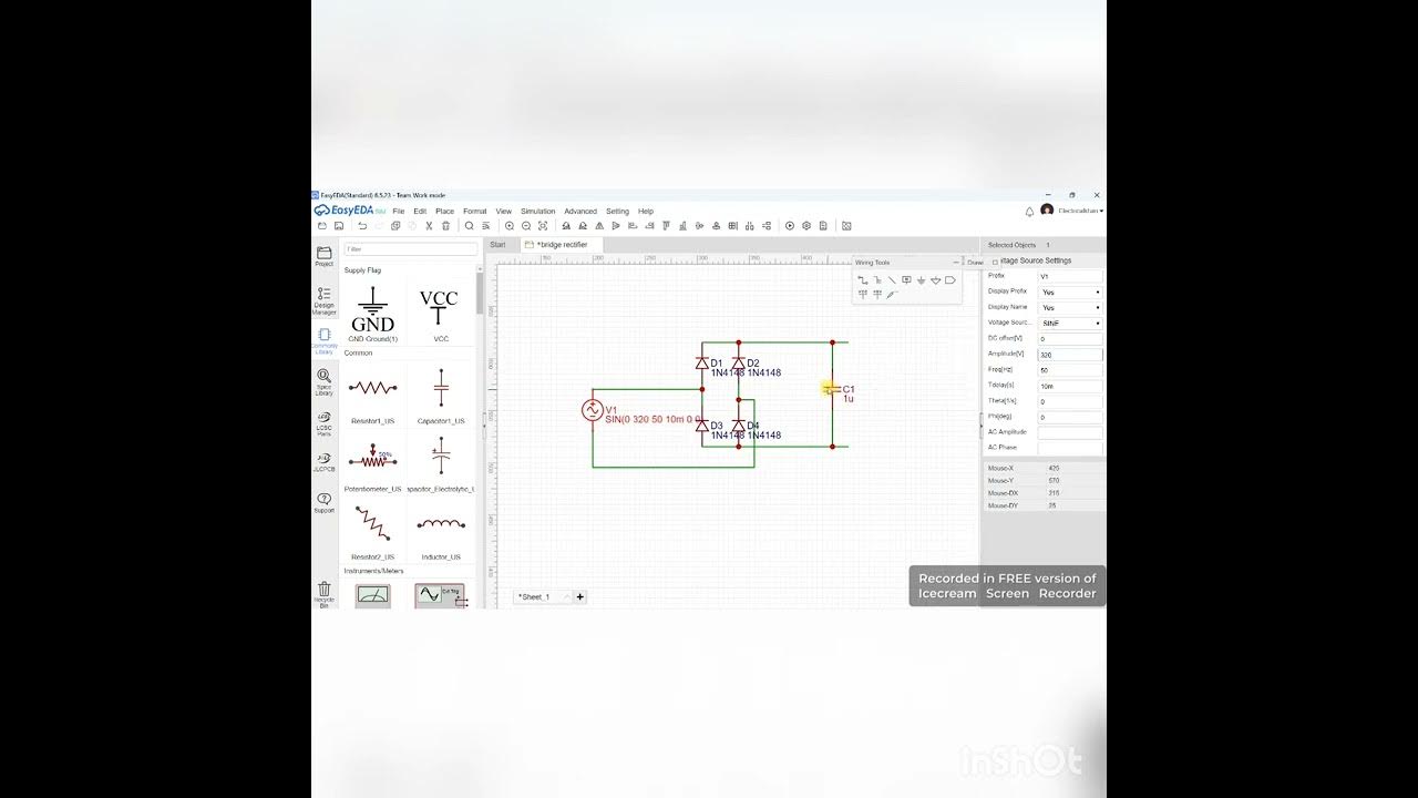 how to simulate full wave bridge rectifier in easyeda. - YouTube