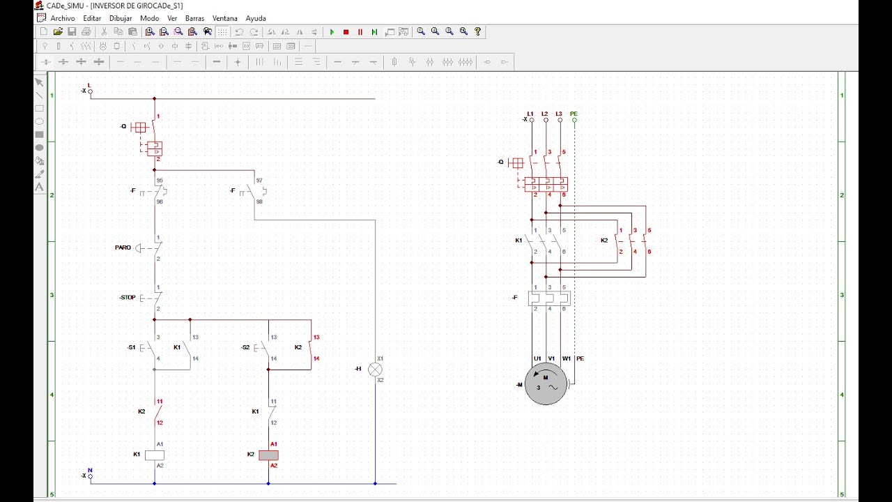 DIAGRAMA de CONTROL Y fuerza motor TRIFASICO inversión DE GIRO (cade ...
