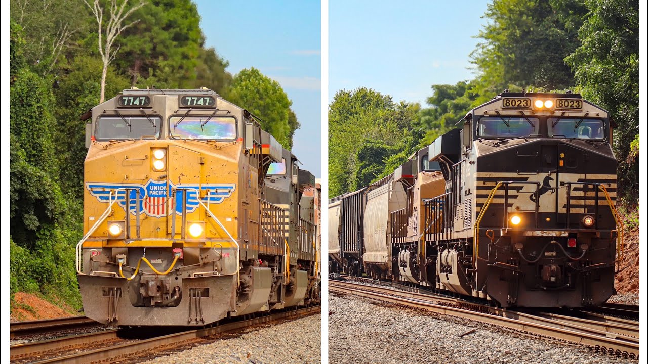 UP #7747 leads 153 meets NS 154 w/ NS #8023 leading w/K5LLA! - YouTube