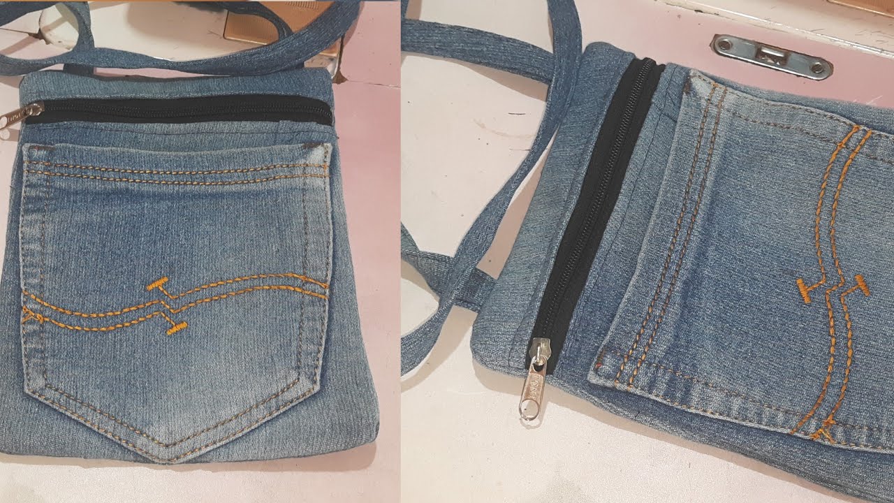DIY EASY CROSSBODY BAG USING Wasted JEANS👖/ Zipper Hand Bag / Sewing ...