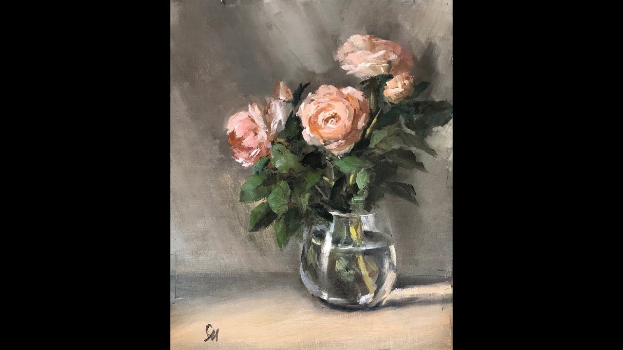 Painting cream colour roses part 1 in oil. Alla prima. Full length ...
