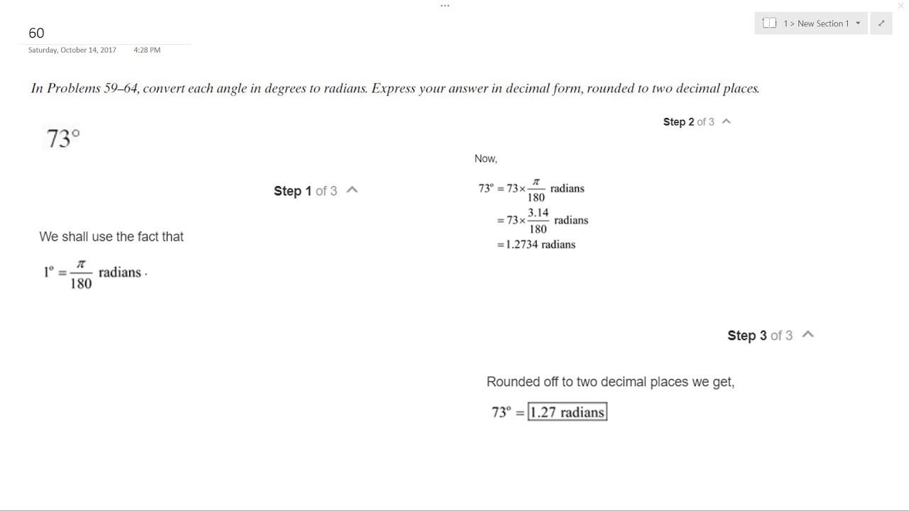 Convert 73 degrees to radians - YouTube