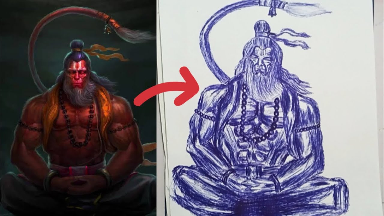 how to draw lord Hanuman using by ballpen ll step by step ll full ...