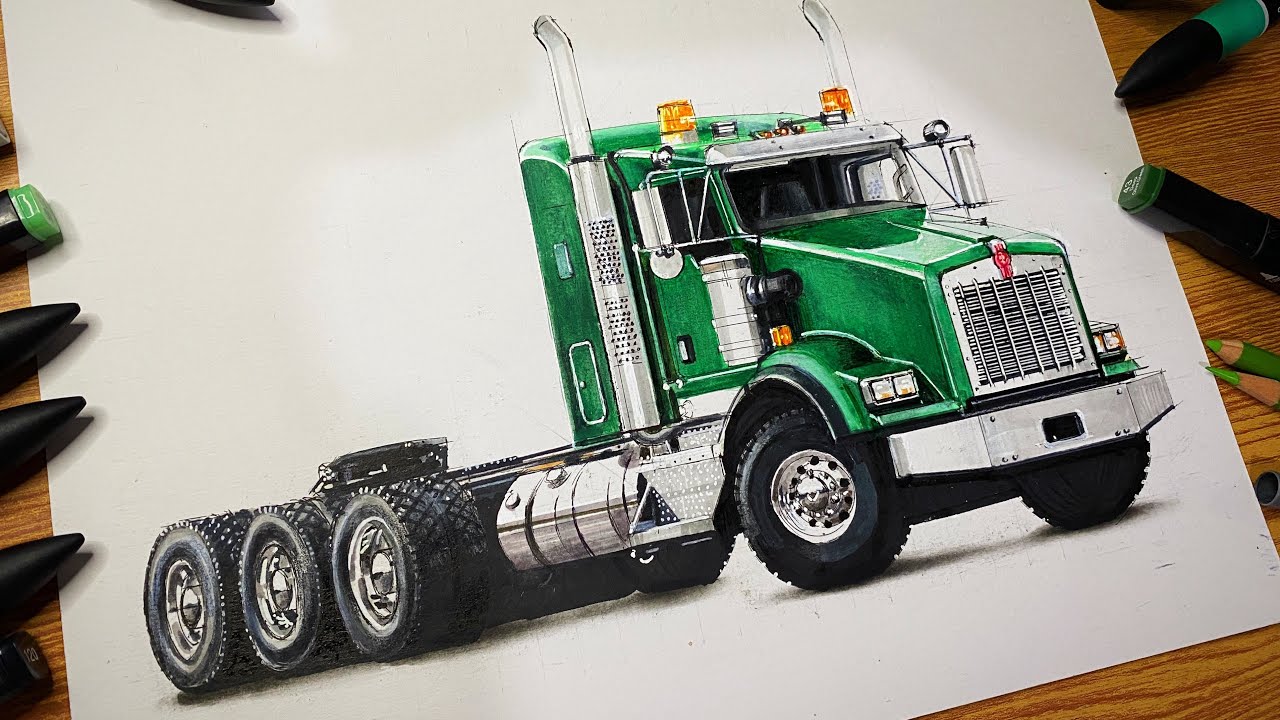 Drawing KENWORTH T800 Semi Truck - YouTube