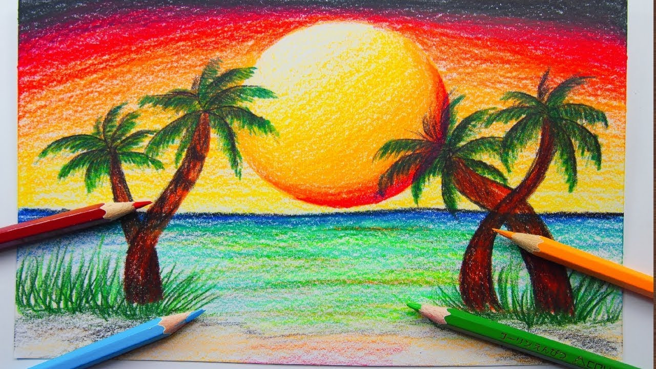 How To Draw A Scenery Of Sea Beach Draw Beach Scenery