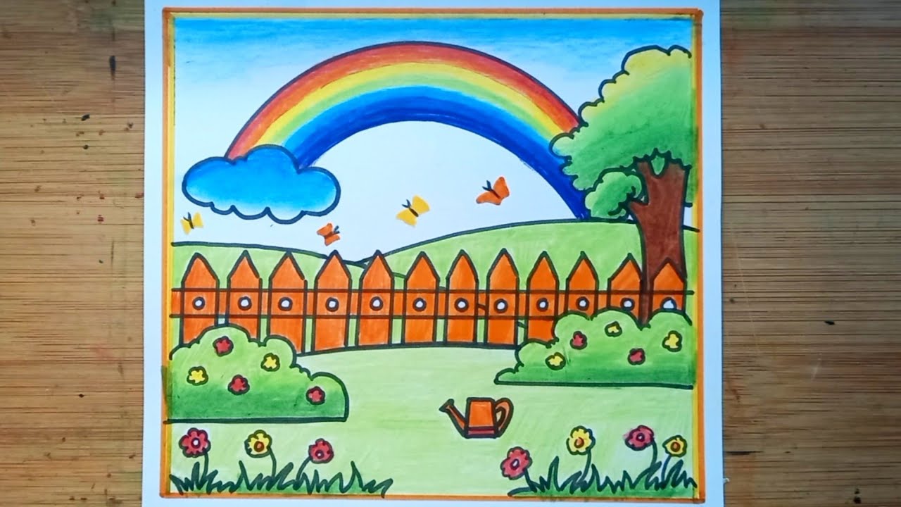 Easy Garden With Rainbow Scenery Drawing/How To Draw Flower Garden ...