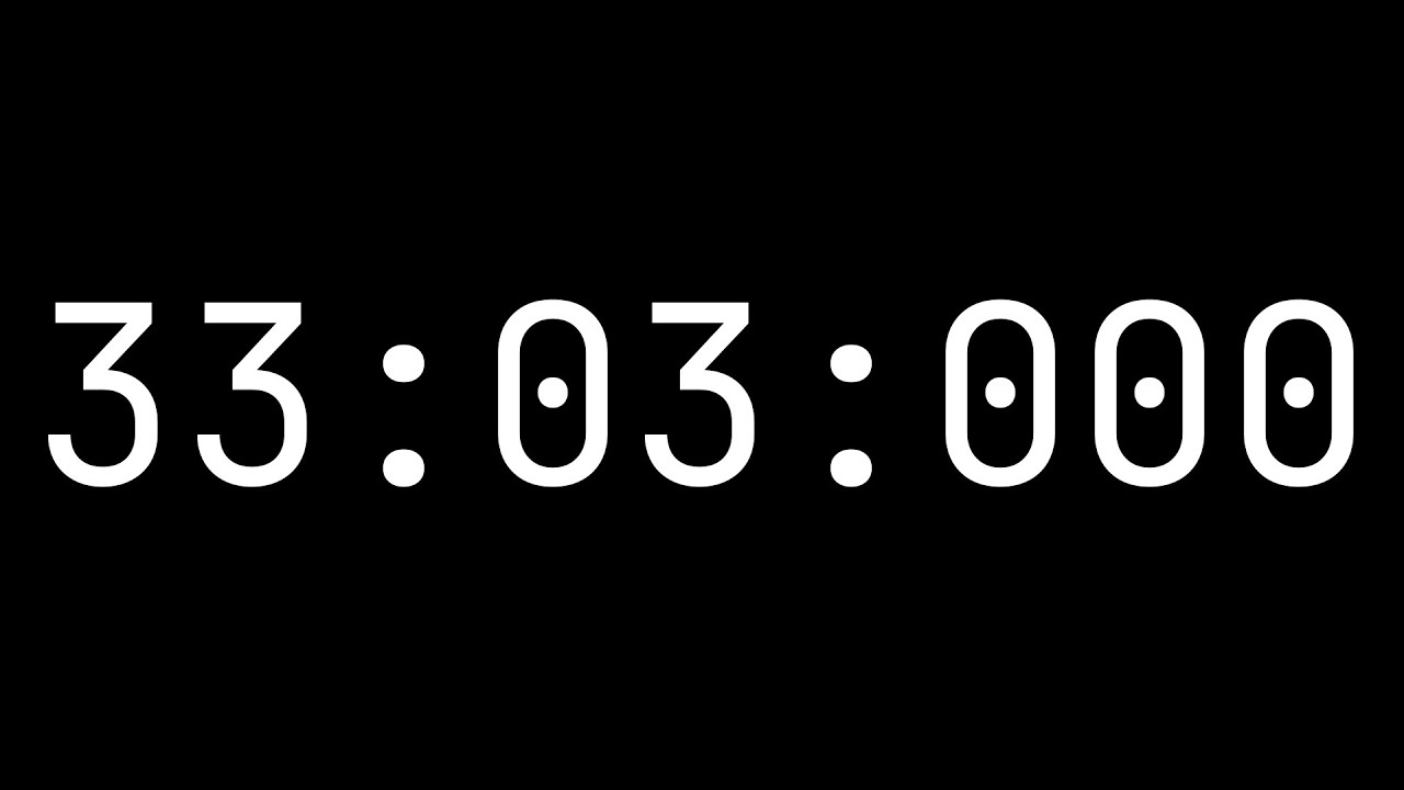 Countdown timer 33 minutes, 3 seconds [33:03:000] - White on black with ...