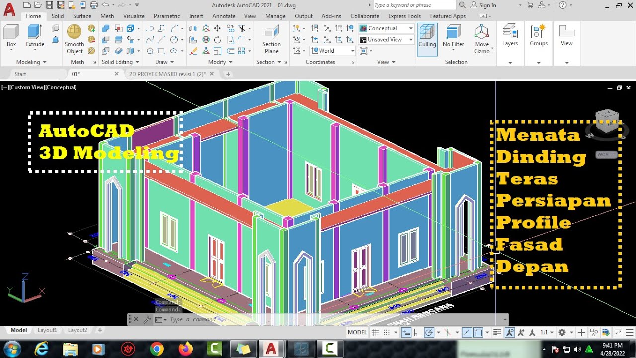 Autocad 3D Modeling Masjid 10 Menata Dinding Teras Persiapan Profile ...