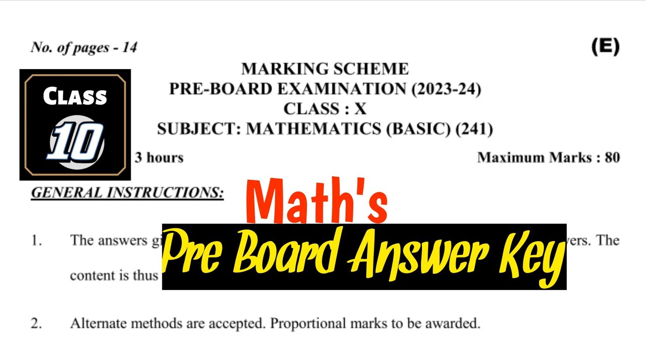 Class 10 MATH BASIC Pre Board ANSWER KEY - YouTube