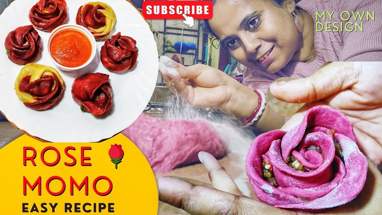 How to make Rose momo with vegetable colour||My design|| Pubalir ...