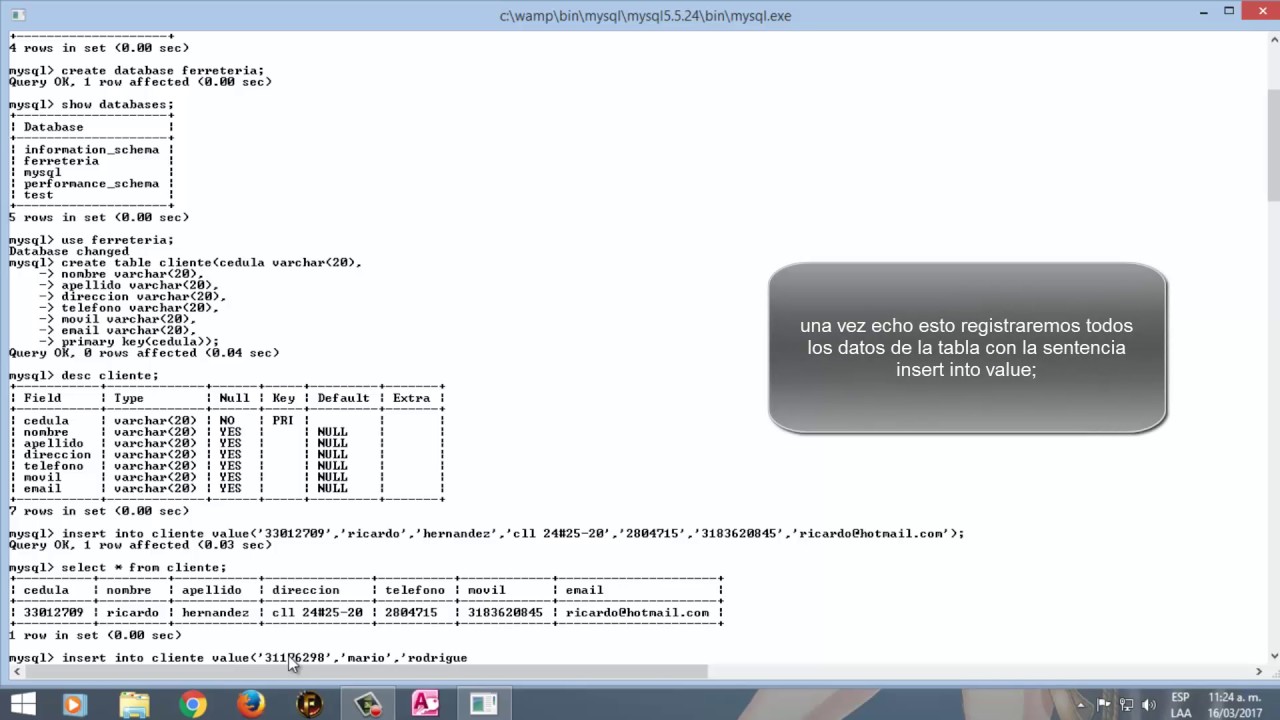 Sentencias basicas mysql sebastian cuaran mora - YouTube