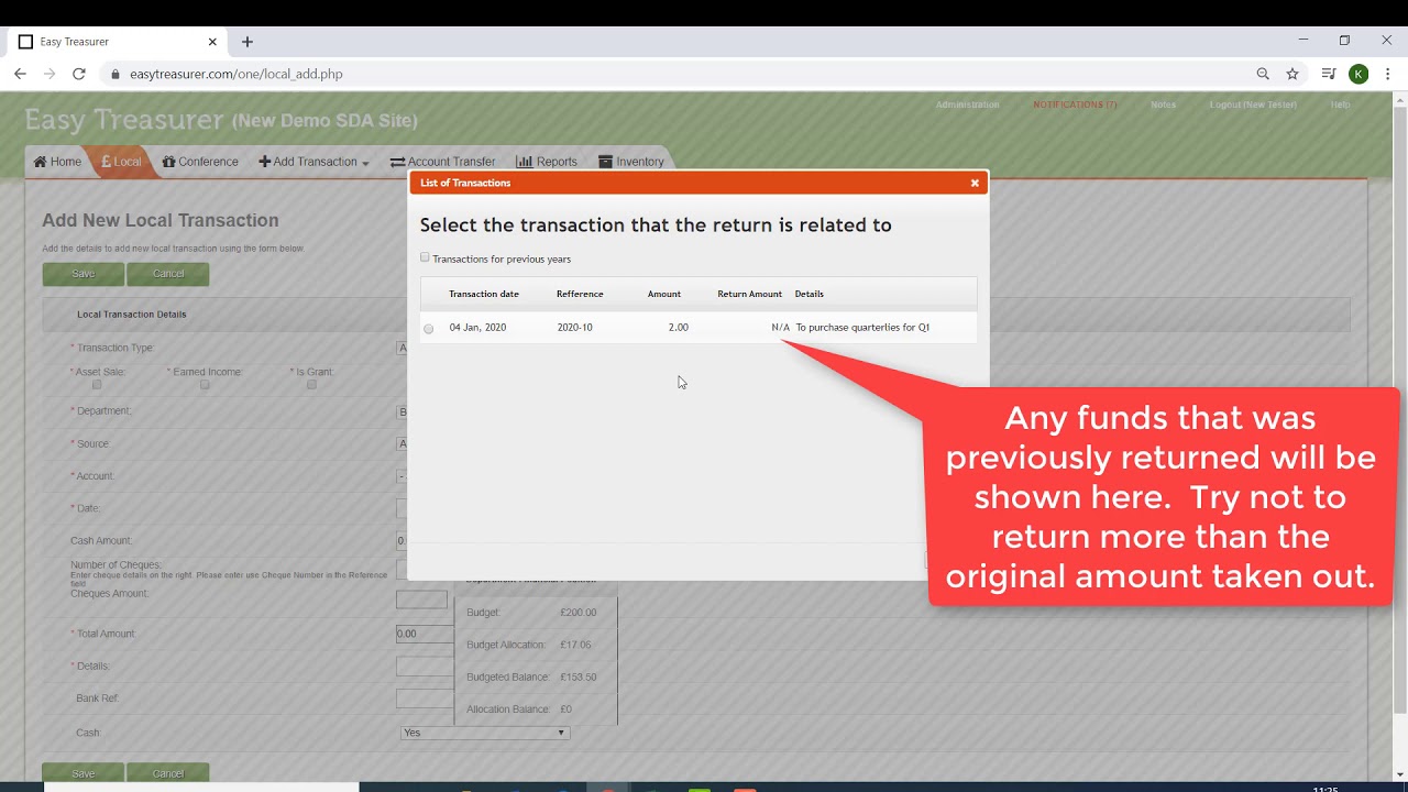 Easy Treasurer Processing Locally Return Transactions - YouTube
