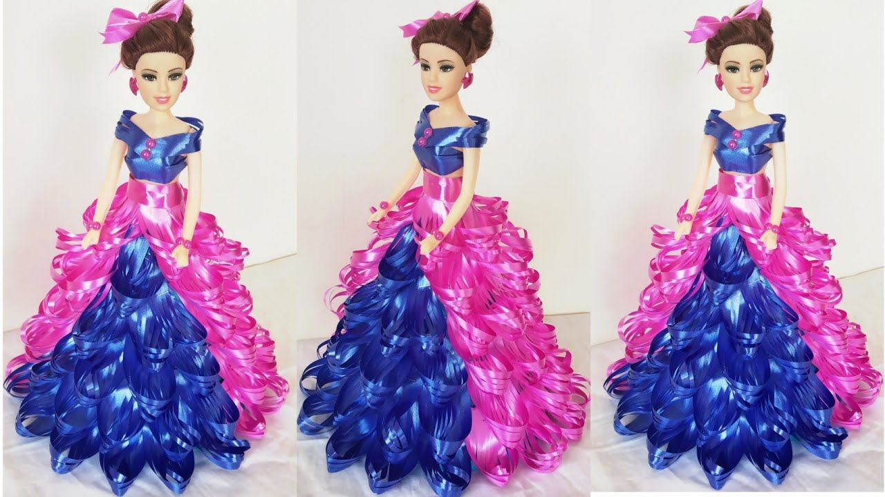 DIY Doll Decoration Idea Using Plastic Ribbon/Doll Dress Making with ...