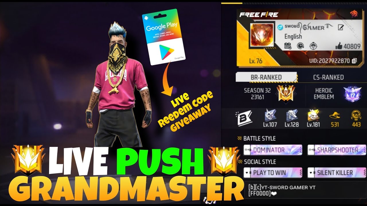 PUSH TO TOP 1 GRANDMASTER -FREE FIRE LIVE - GARENA FREE FIRE - YouTube