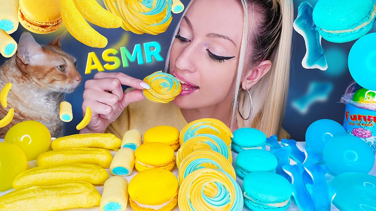 ASMR EATING BLUE & YELLOW FOOD, JELLY, LOLLIPOP, 젤리 과자 사탕 (MACAROONS ...