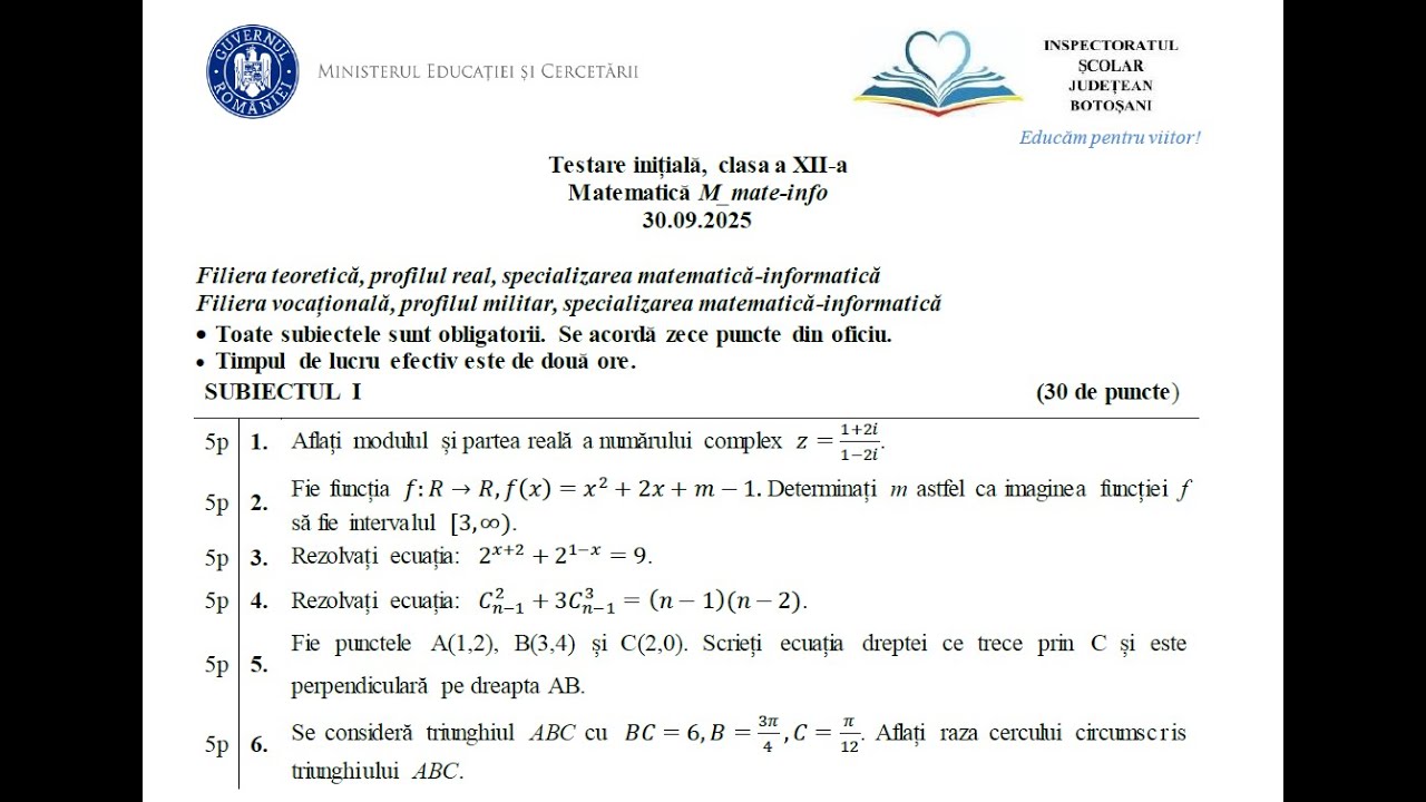 Testare iniţială BAC mate-info ISJ Botoşani - sub. I - YouTube