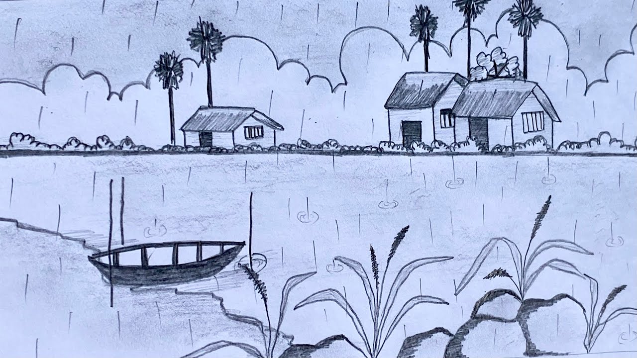 How to draw a scenery of rainy season||pencil sketch drawing||Rainy ...