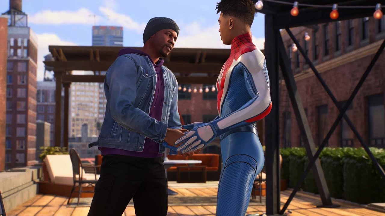 Miles Talks To Uncle Aaron With The Red And Blue Upgraded Suit - Spider ...