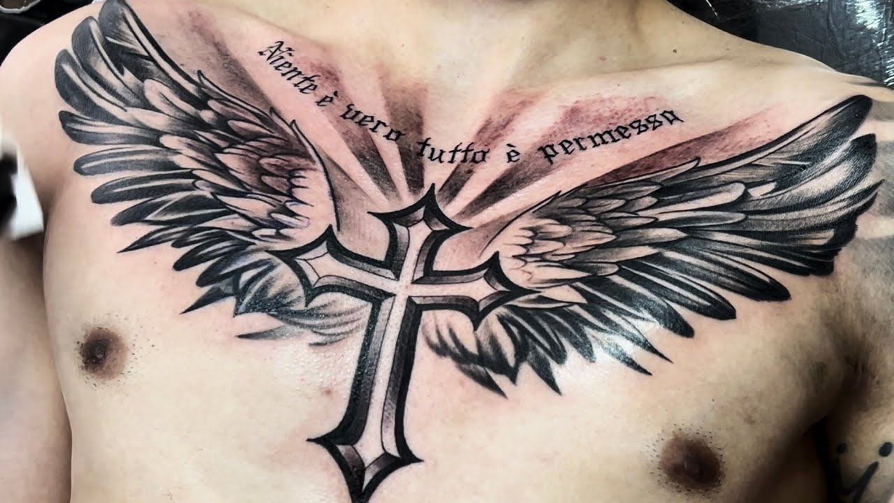Tattoo no peito em 4K ⚜️ (Cruz com Asas e frase Italiana) - YouTube