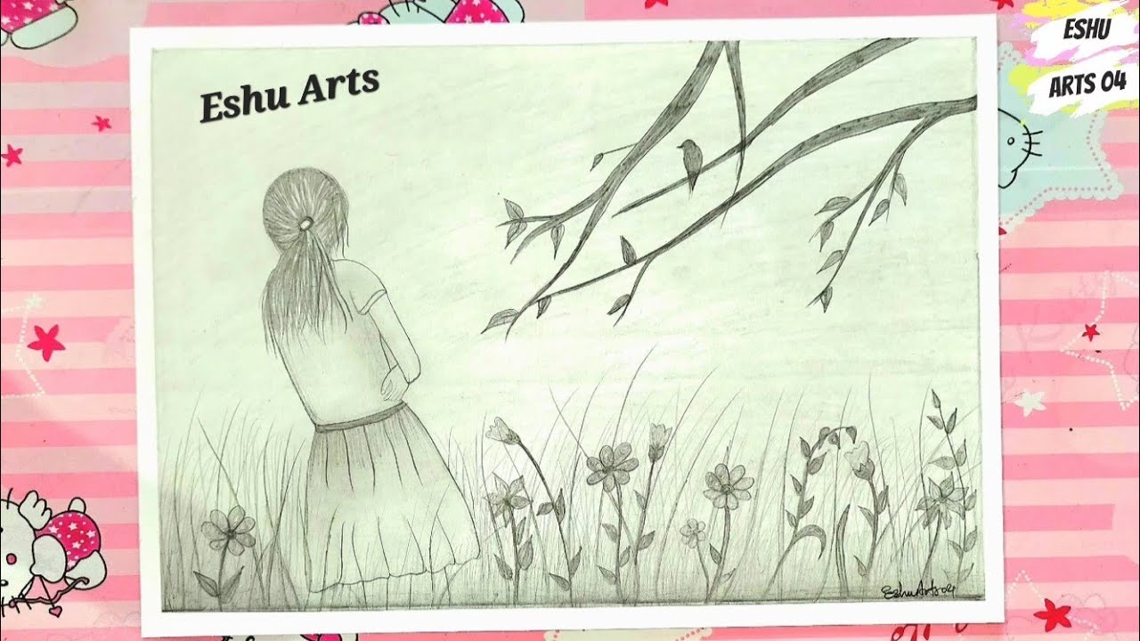 How To Draw A Girl Standing In The Beautiful Flower,Tree With Bird's ...